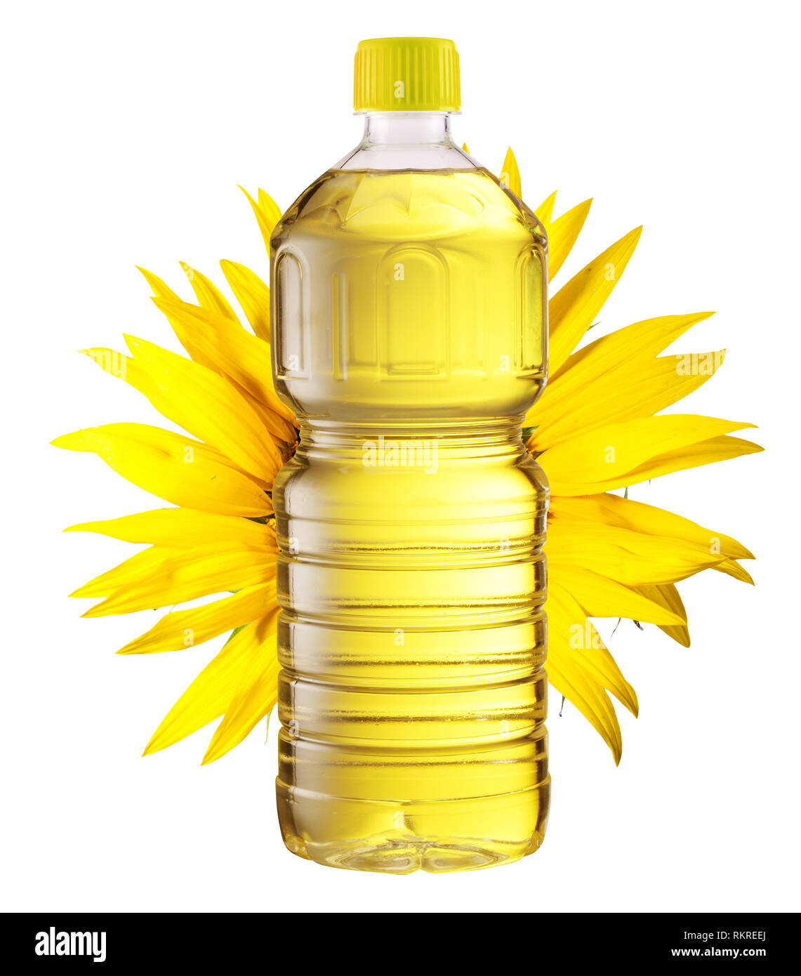 Bottle of sunflower oil and sunflower at the background. File contains ...