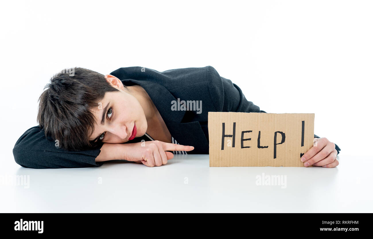 Beautiful business woman feeling overwhelmed and desperate asking for ...