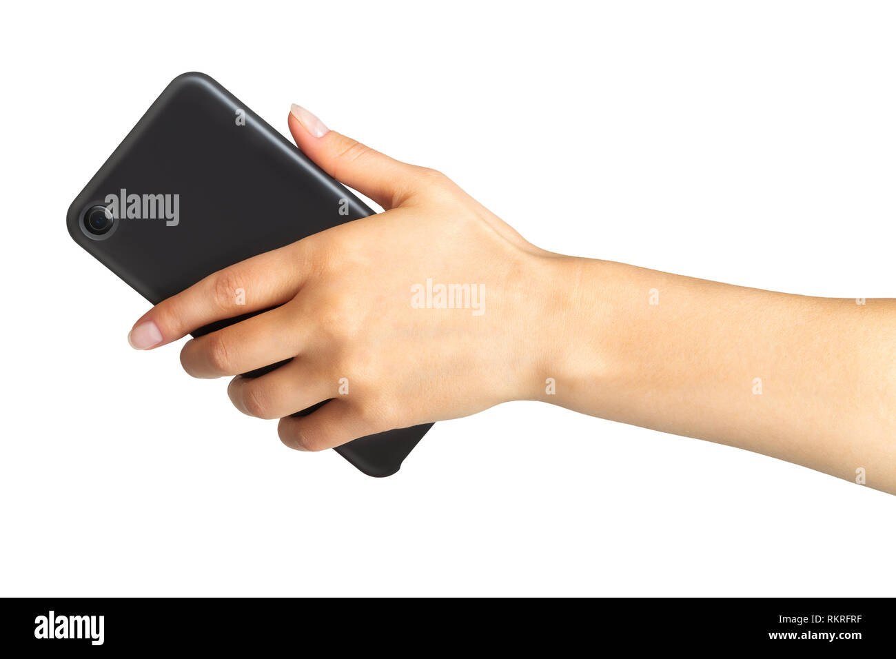 Women's hand showing black smartphone, concept of taking photo or ...