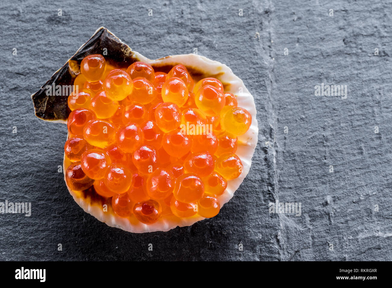 Red caviar in the sea shell on gray graphite background. Macro picture ...