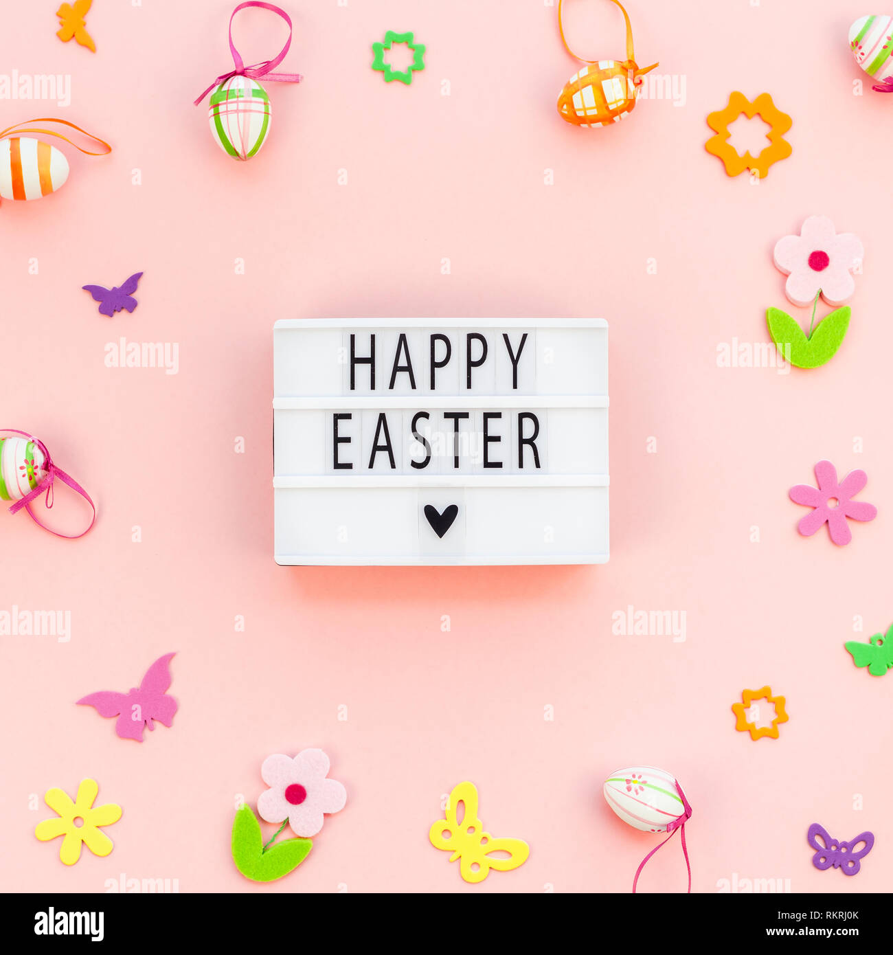 Creative Top view flat lay holiday composition Happy Easter text on ...