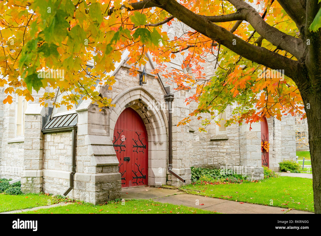 Fall color of the St. James' Anglican Church at Kingston, Canada Stock ...
