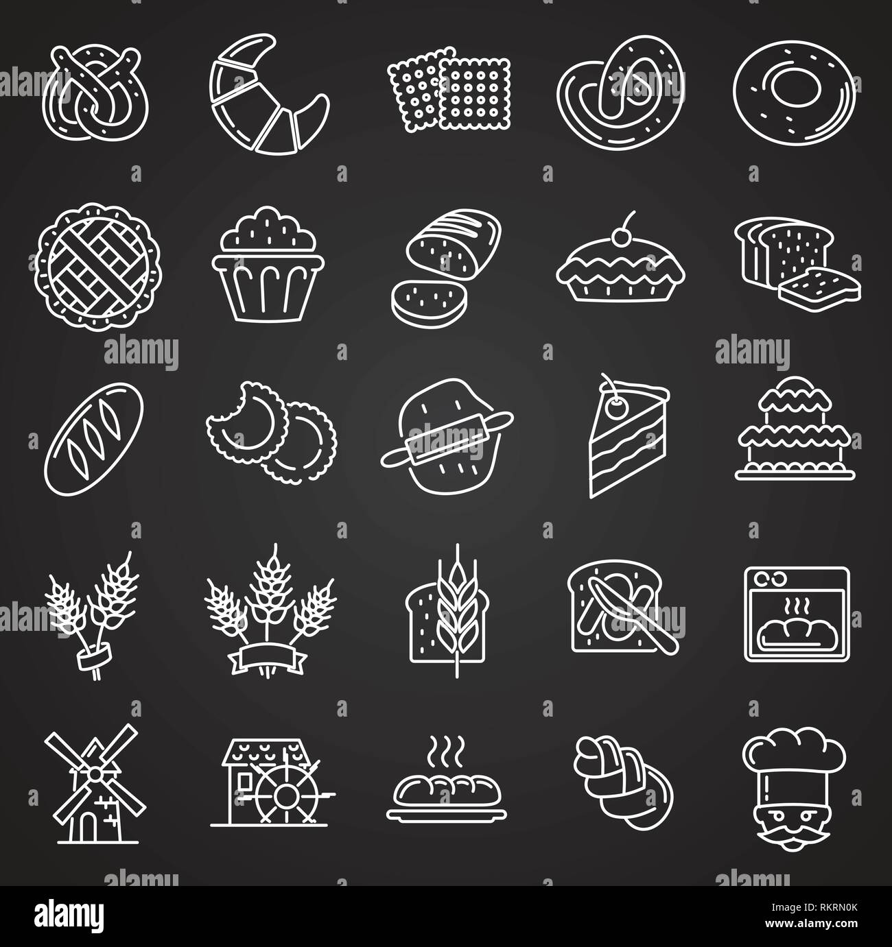 Bakery outline icons set on black background for graphic and web design ...
