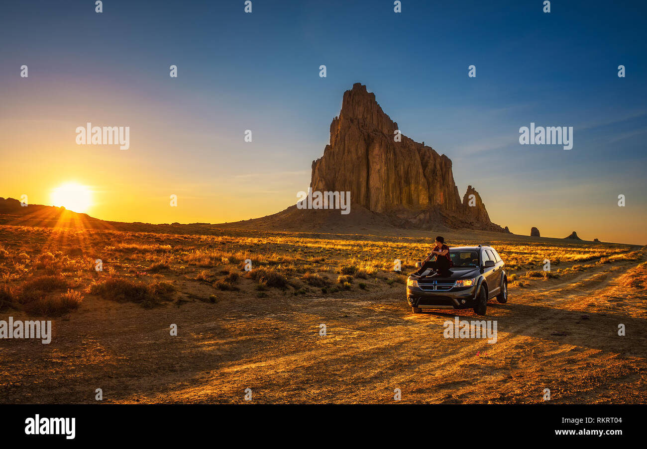 Shiprock, New Mexico, USA - May 14, 2016 : Boy enjoys sunset at ...