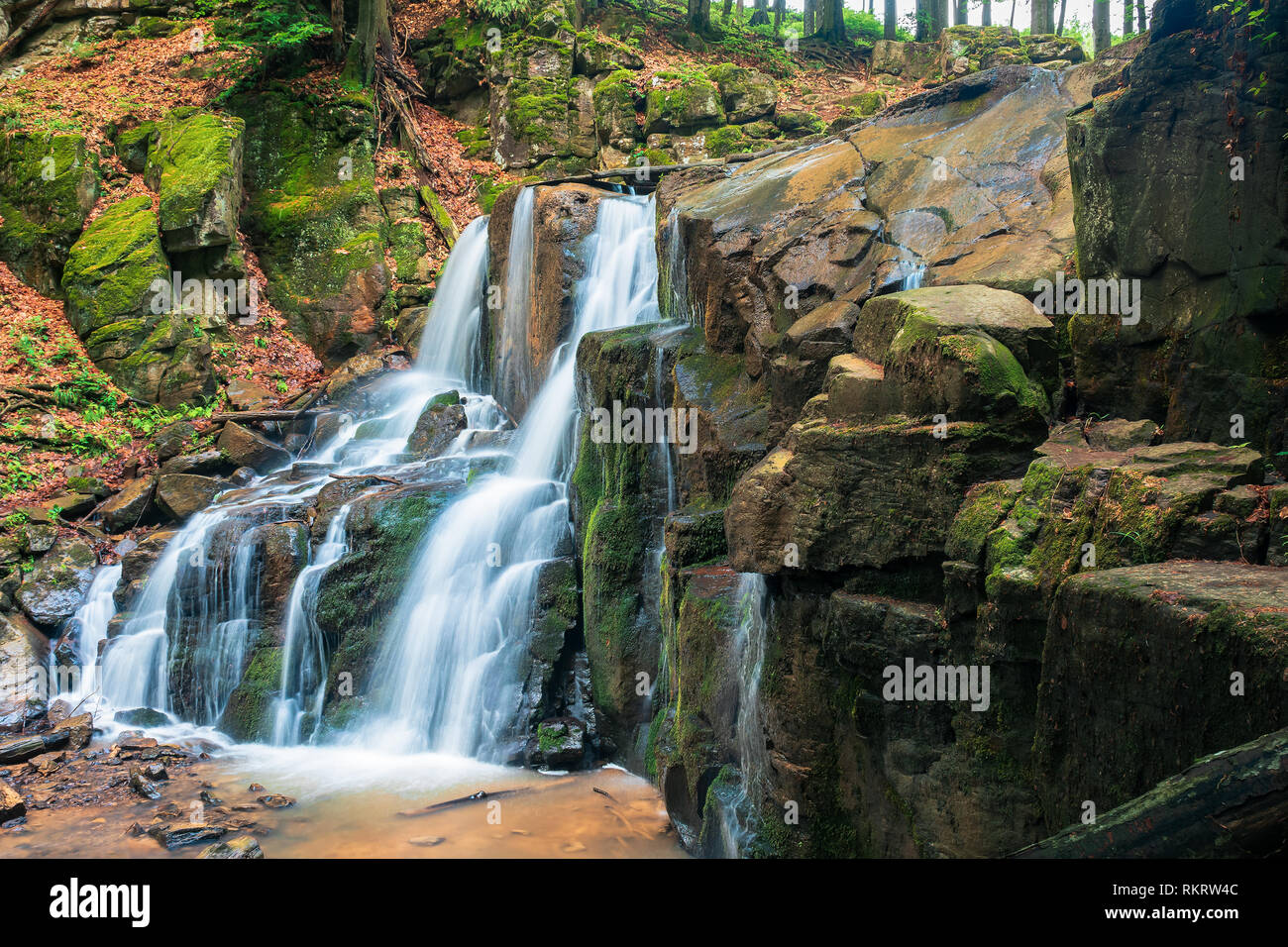 waterfall in the forest. beautiful spring scenery. water comes out of ...