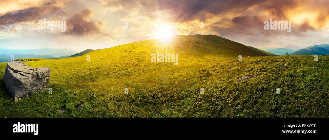 panorama with rock on the grassy hill in mountains. beautiful summer ...