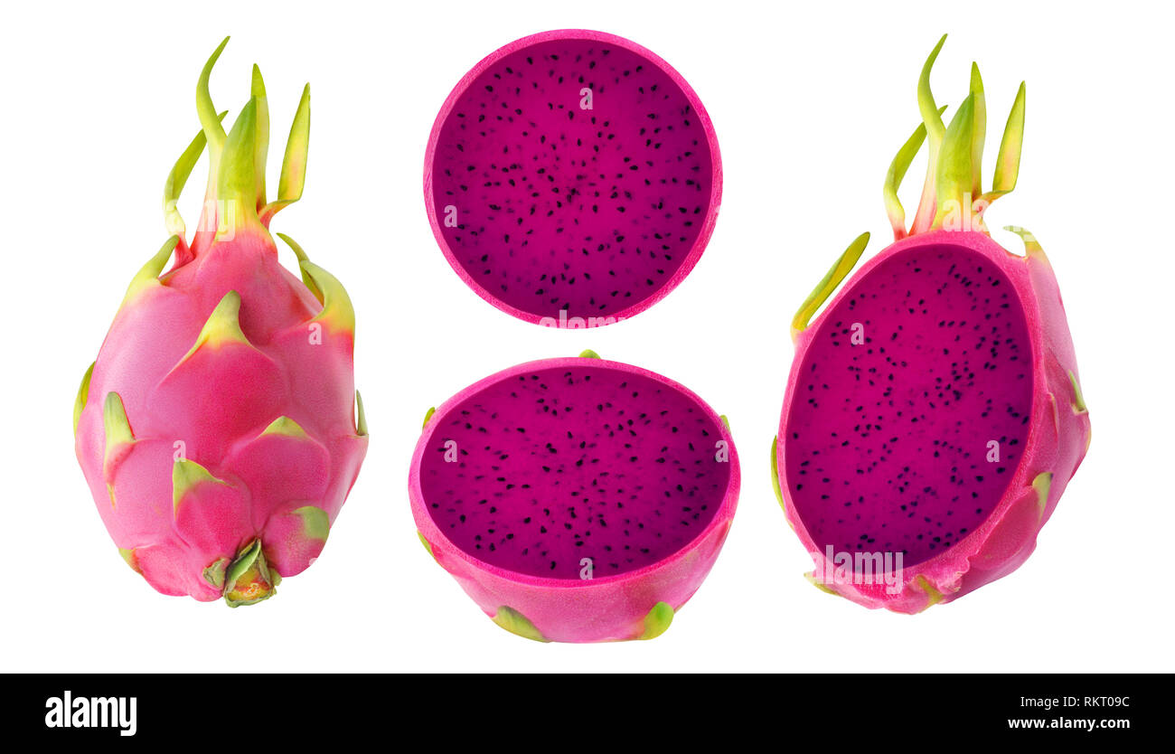 Isolated dragonfruit. Collection of whole and cut red-fleshed pitahaya ...