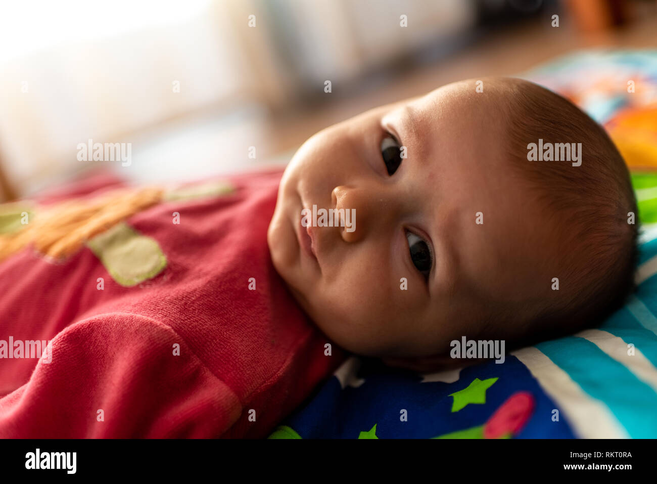 Newborn baby resting relaxed face up on a carpet Stock Photo - Alamy