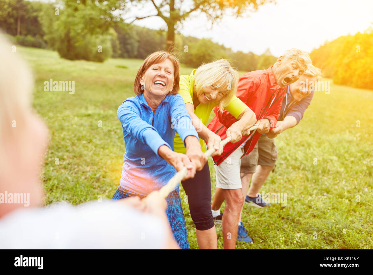 Group of seniors in tug of war or rope pulling competition in nature ...