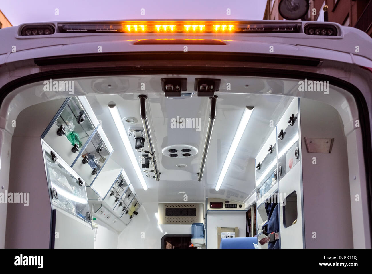 Equipment for ambulances. View from inside, taken from the rear doors ...