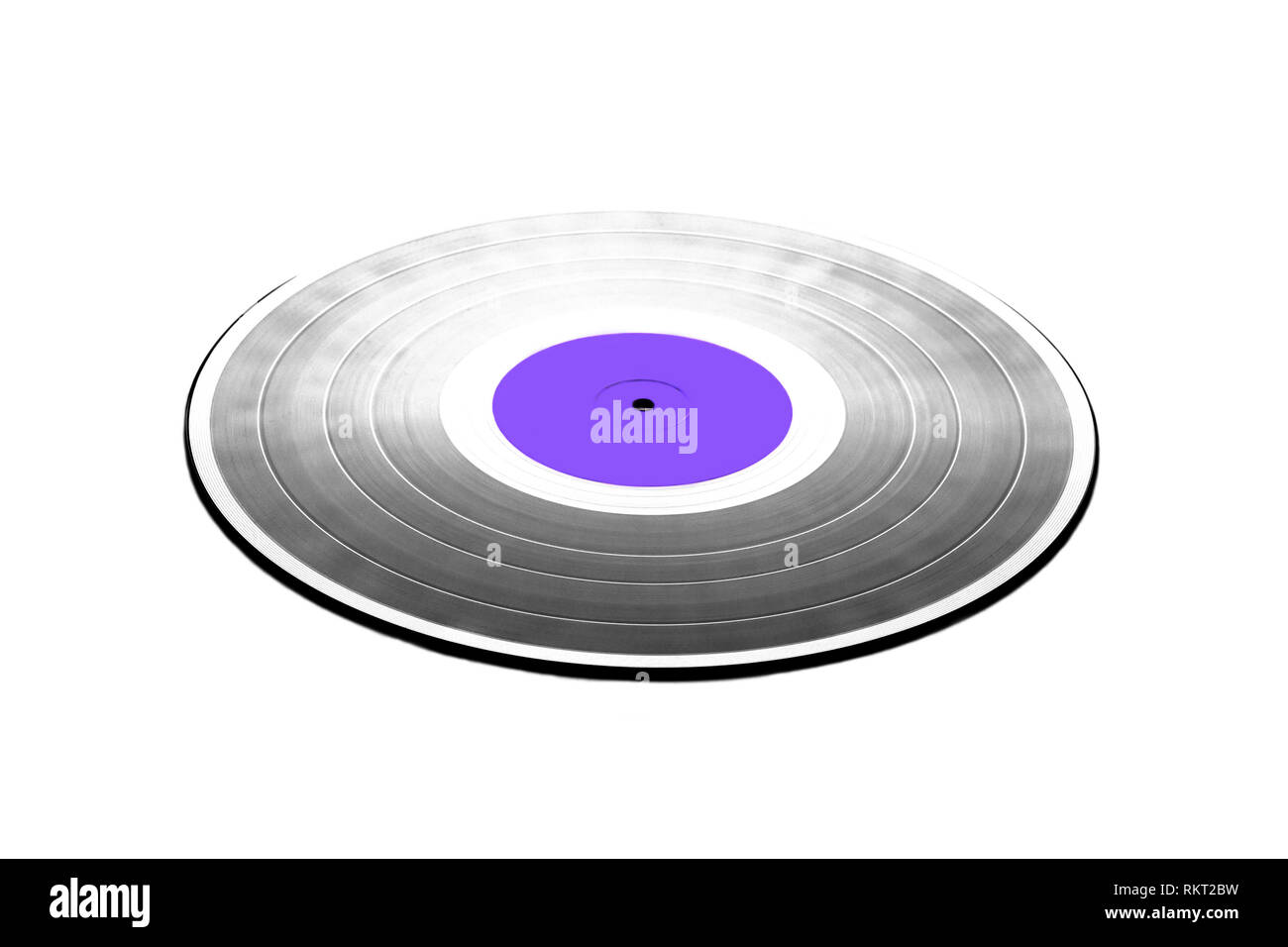 Single black long-play 33RPM vinyl record with purple label isolated on ...
