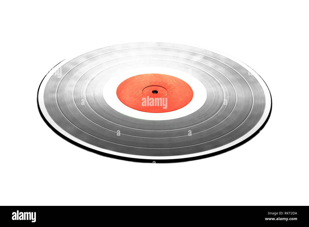 Single black long-play 33RPM vinyl record with red label isolated on ...