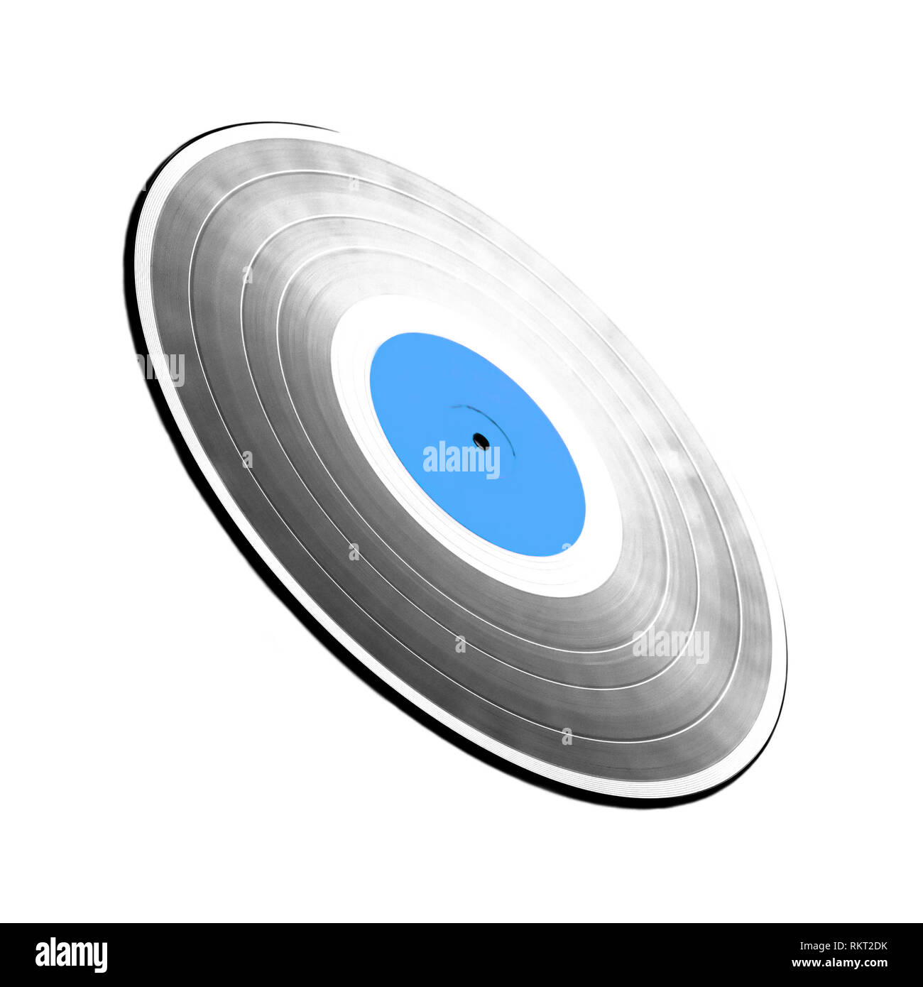 Single black long-play 33RPM vinyl record with blue label isolated on ...