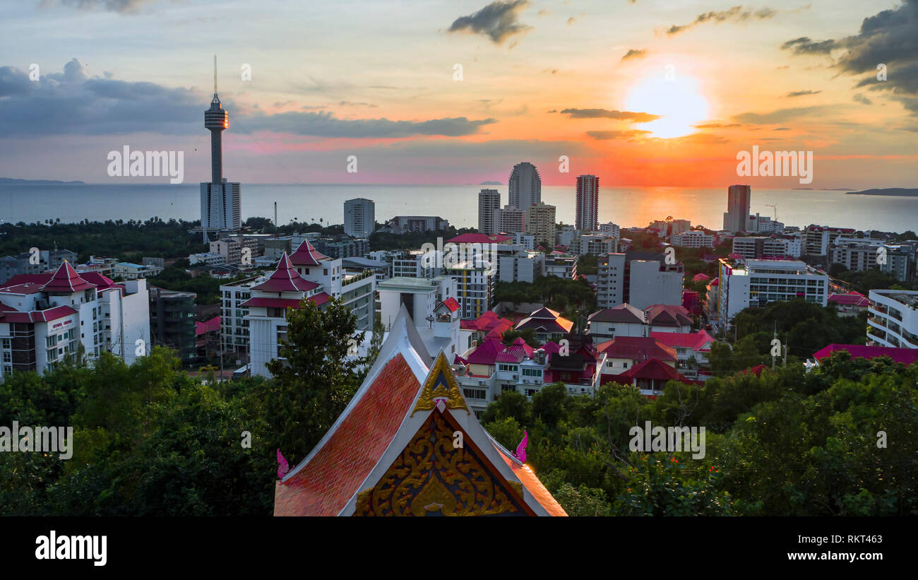 Panoramic view from the observation deck, city of Pattaya. A long tower ...