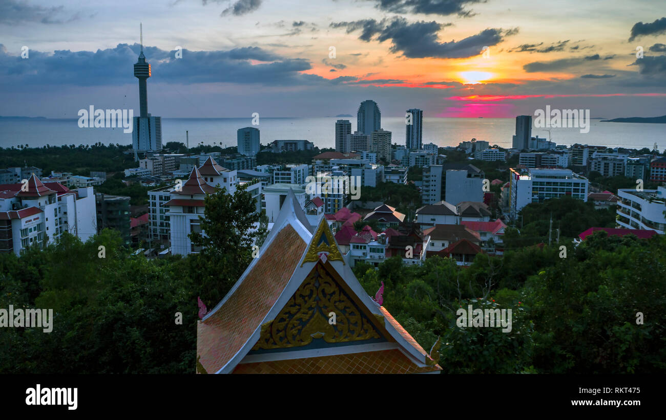 Panoramic view from the observation deck, city of Pattaya. A long tower ...