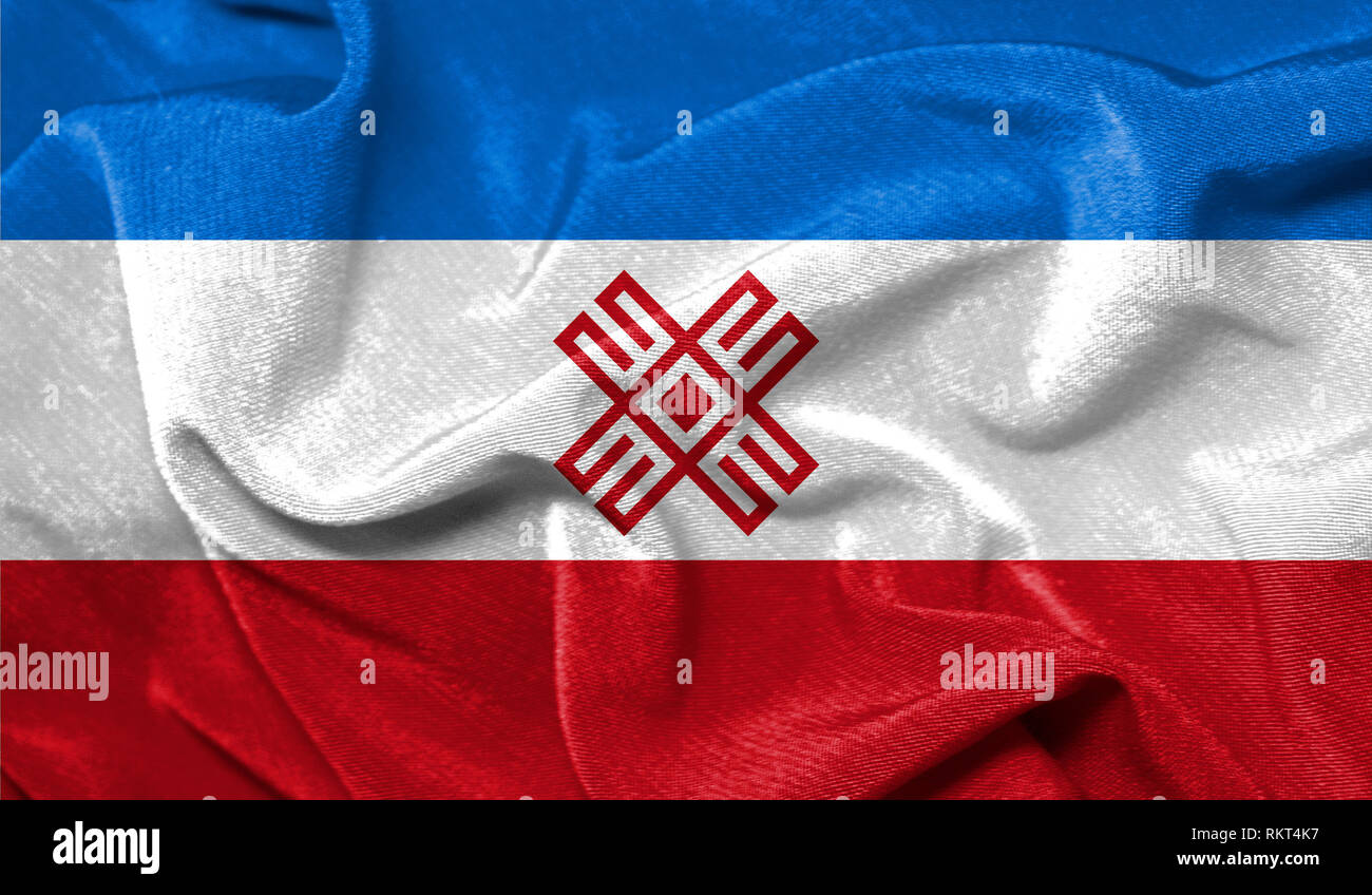 Realistic flag of Mari El on the wavy surface of fabric Stock Photo - Alamy