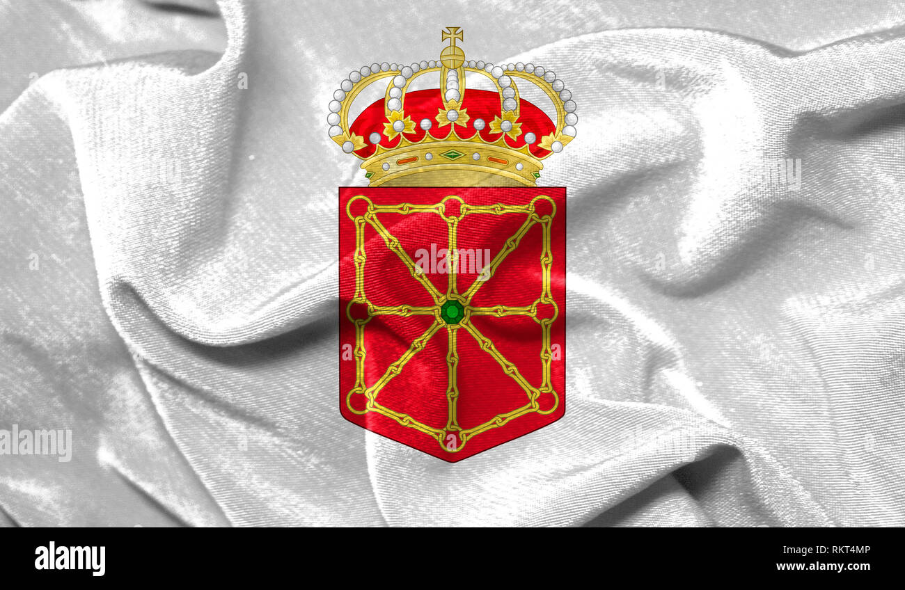 Realistic flag of Navarra coat of arms on the wavy surface of fabric ...