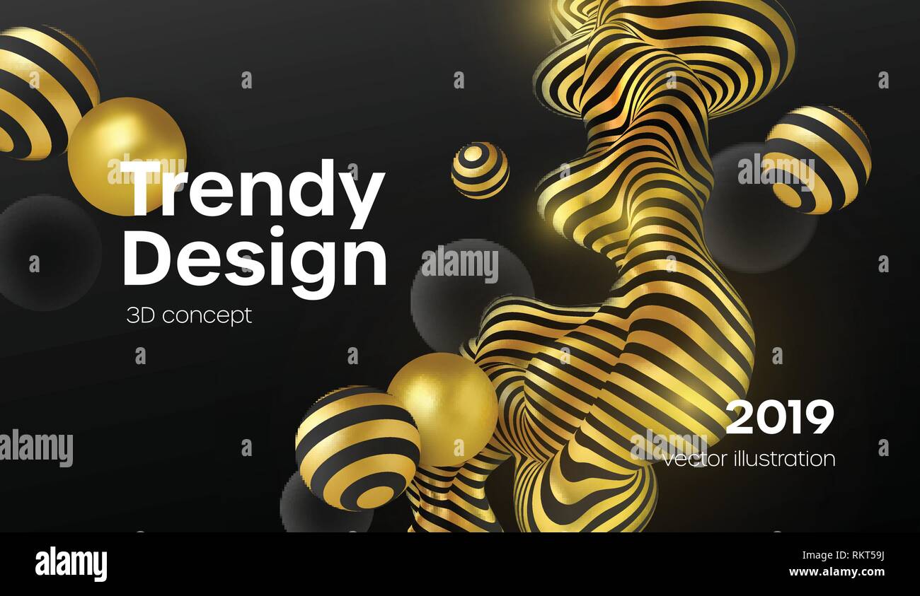 Abstract background with 3d dynamic shapes. Black bubbles. Modern cover ...