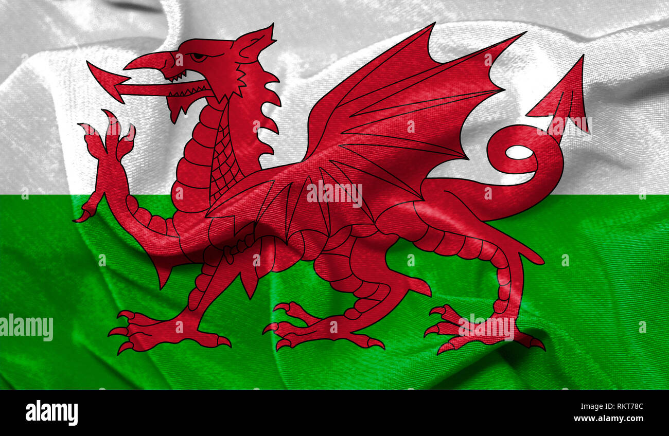 Realistic flag of Wales on the wavy surface of fabric Stock Photo - Alamy