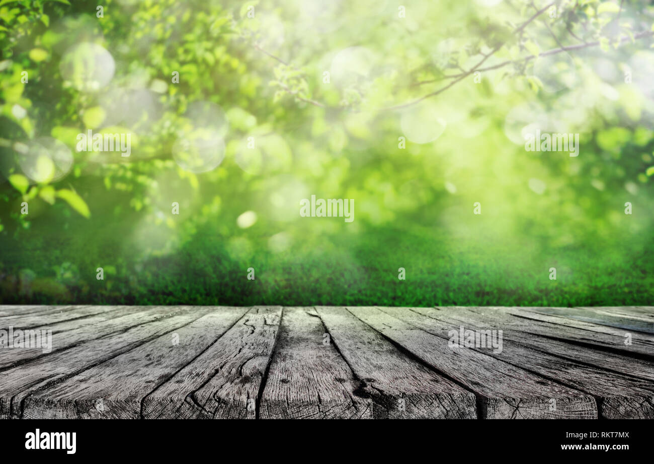 wooden table and spring grass and tree leaves background Stock Photo ...