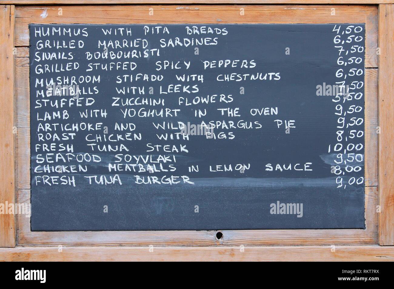 Restaurant menu in Crete island - cuisine of Greece Stock Photo - Alamy