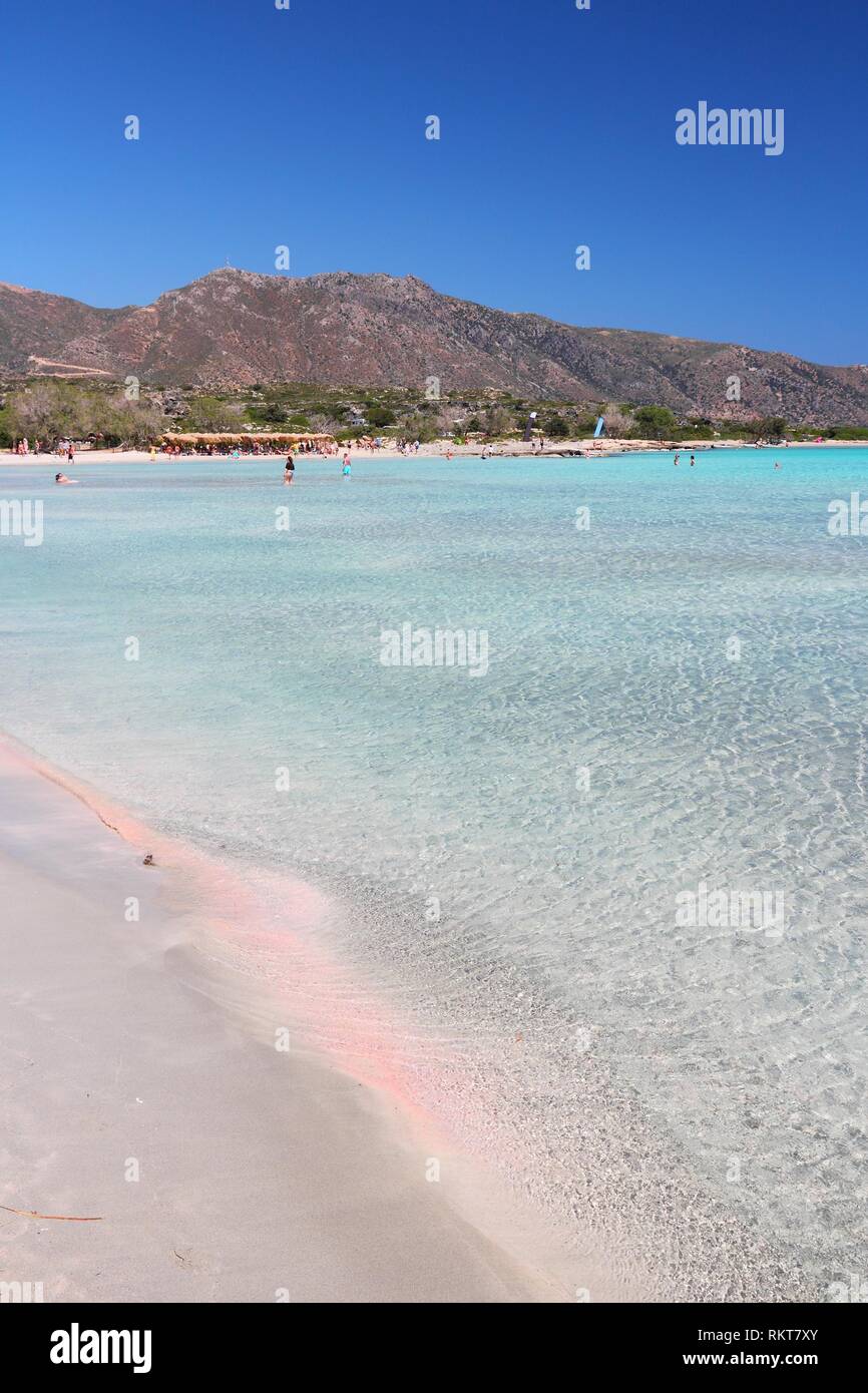 Coast of Crete island in Greece. Pink sandy beach in famous Elafonisi ...