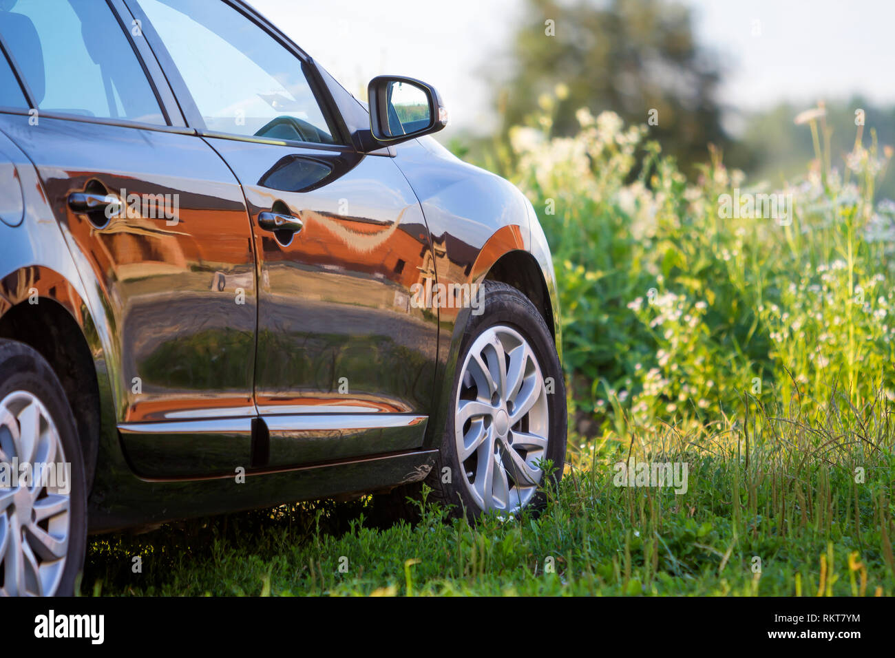 Back view of modern new shiny empty black car parked outside road in ...