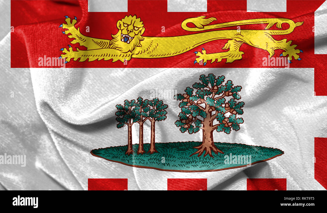 Realistic flag of Prince Edward Island on the wavy surface of fabric ...