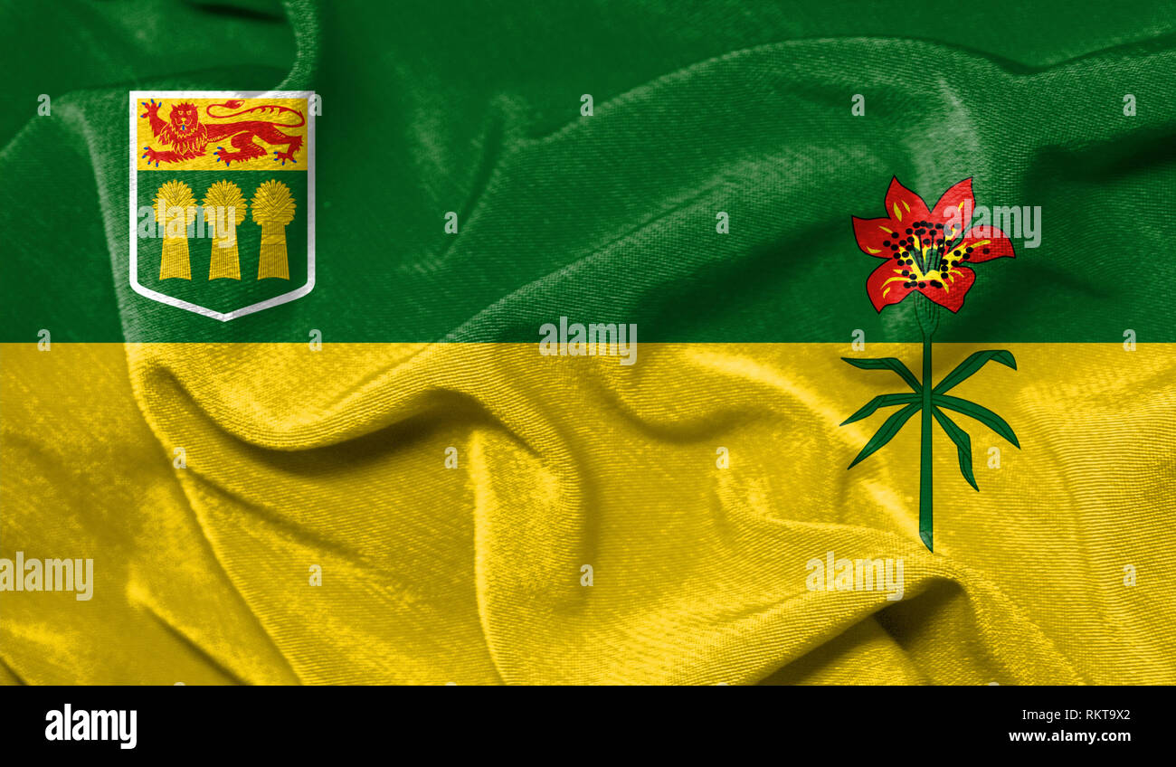 Realistic flag of Saskatchewan on the wavy surface of fabric Stock ...