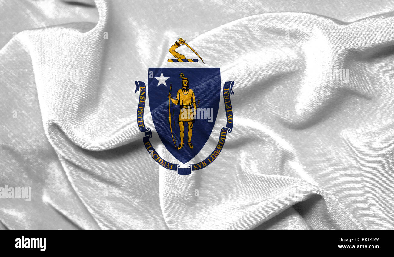 Realistic flag State of Massachusetts on the wavy surface of fabric ...