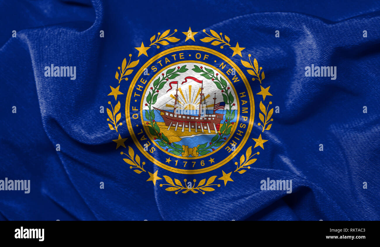 Realistic flag State of New Hampshire on the wavy surface of fabric ...