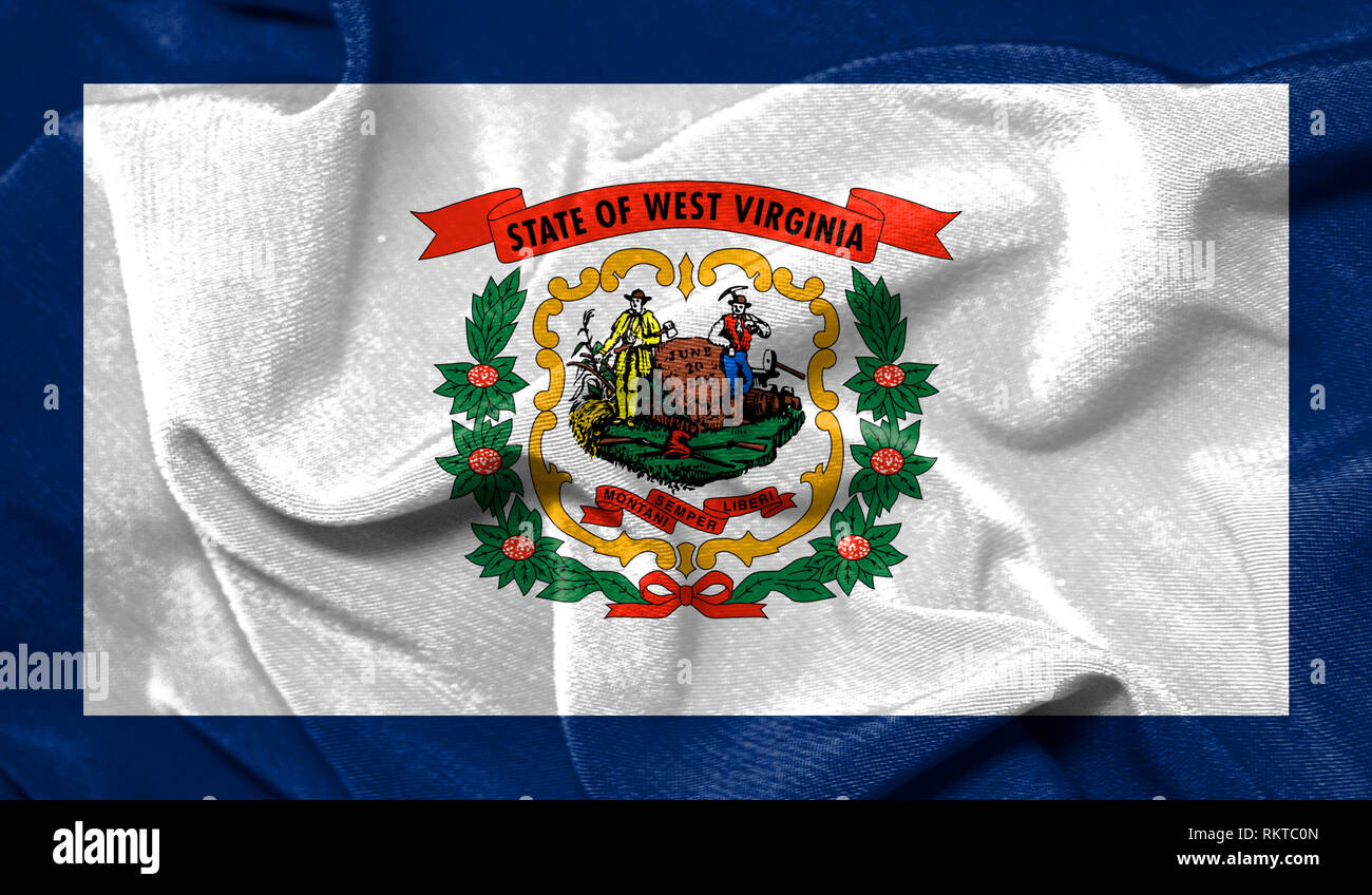 Realistic flag State of West Virginia on the wavy surface of fabric ...