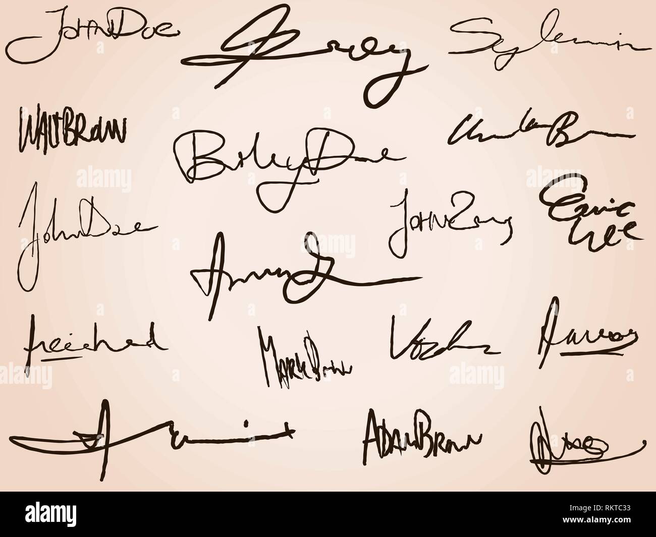 Collection of handwritten signatures. Personal contract fictitious ...
