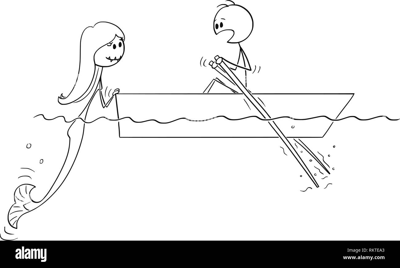 Cartoon Drawing of Man Paddling in Small Boat on Water or Sea and Meet ...