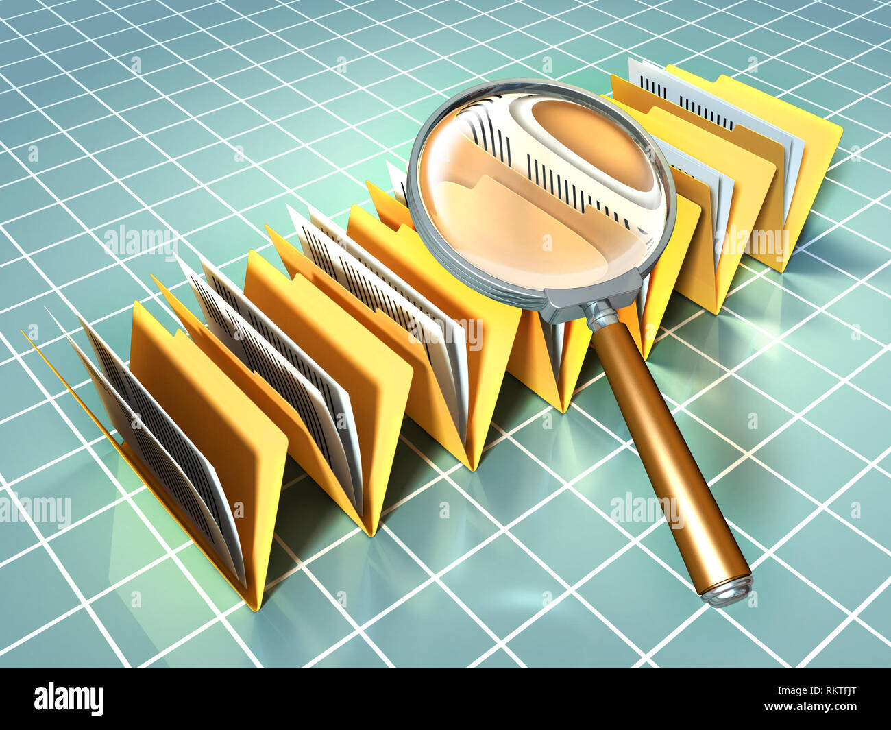 Some document folders under a magnifying glass. Digital illustration ...