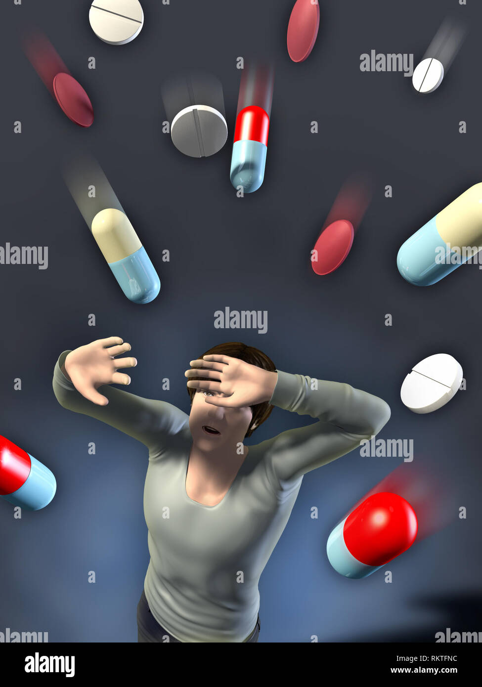 Different drug pills and capsules attacking a scared patient. Digital ...