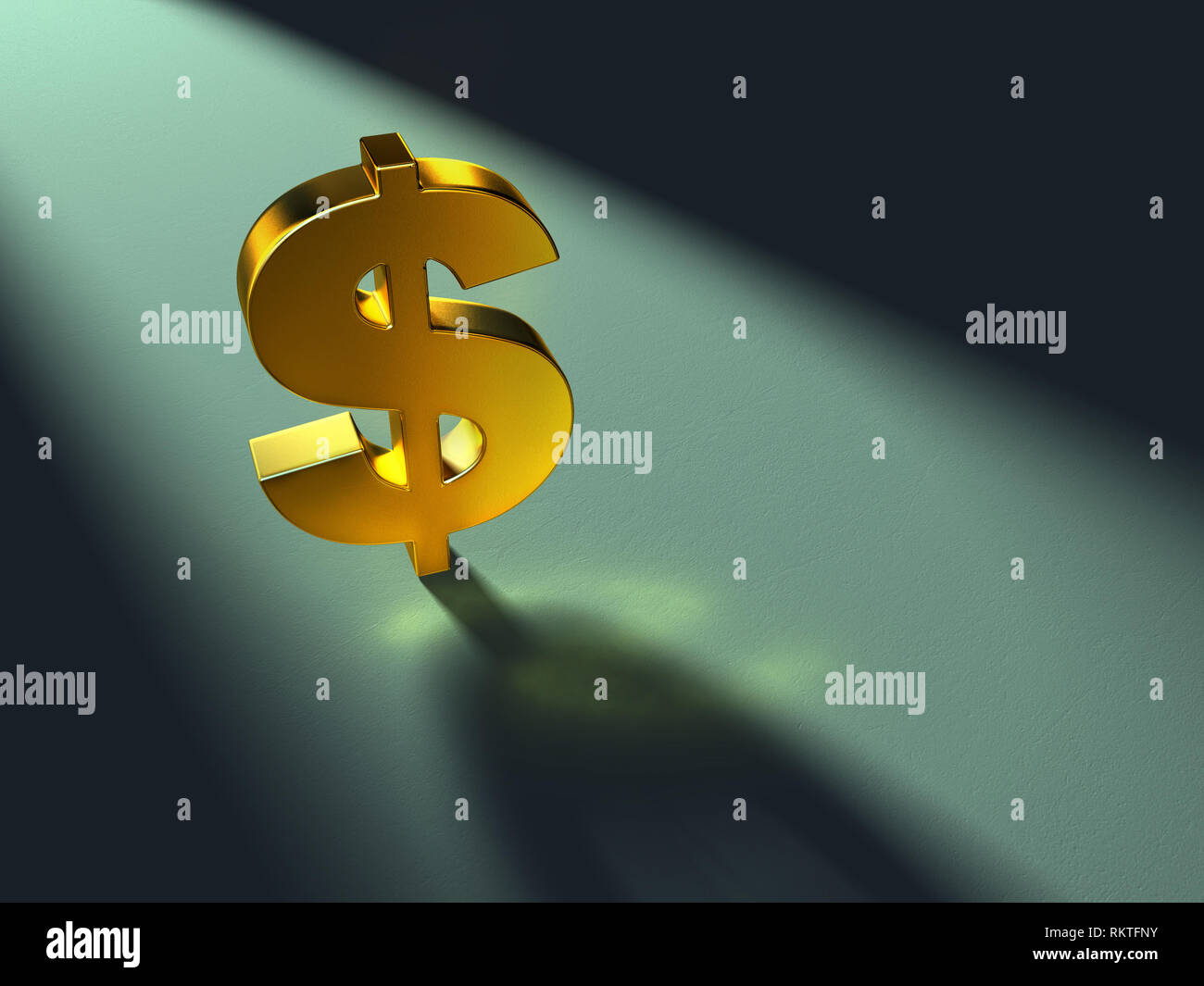A golden dollar symbol casting its shadow under a spotlight. Digital ...