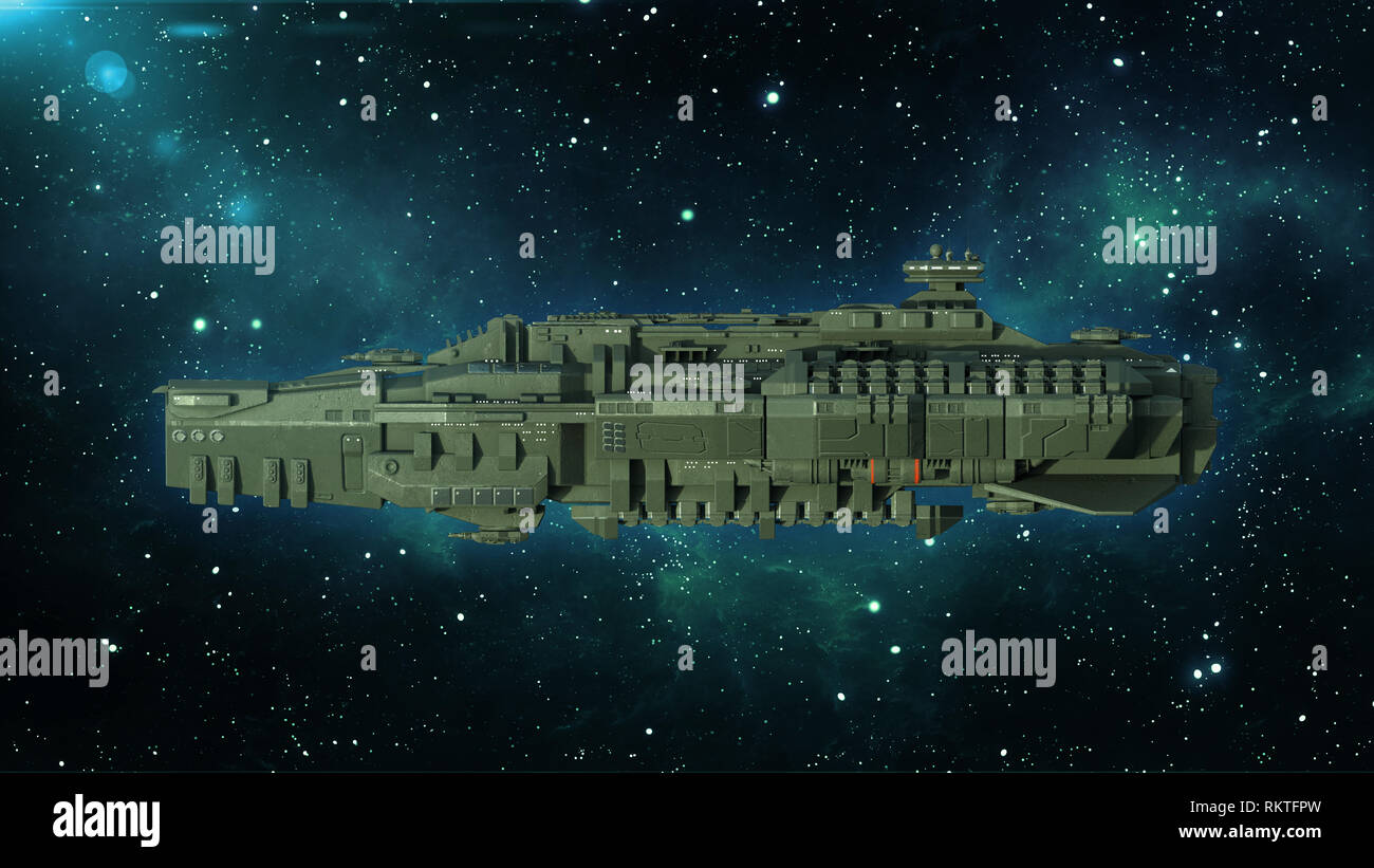 Alien spaceship in deep space, spacecraft flying in the Universe with ...