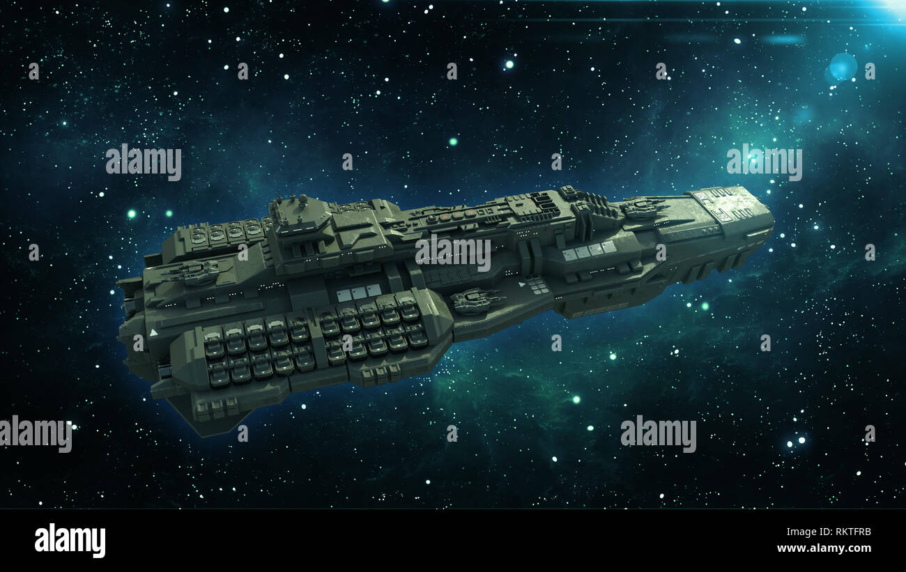 Alien spaceship in deep space, spacecraft flying in the Universe with stars in the background ...