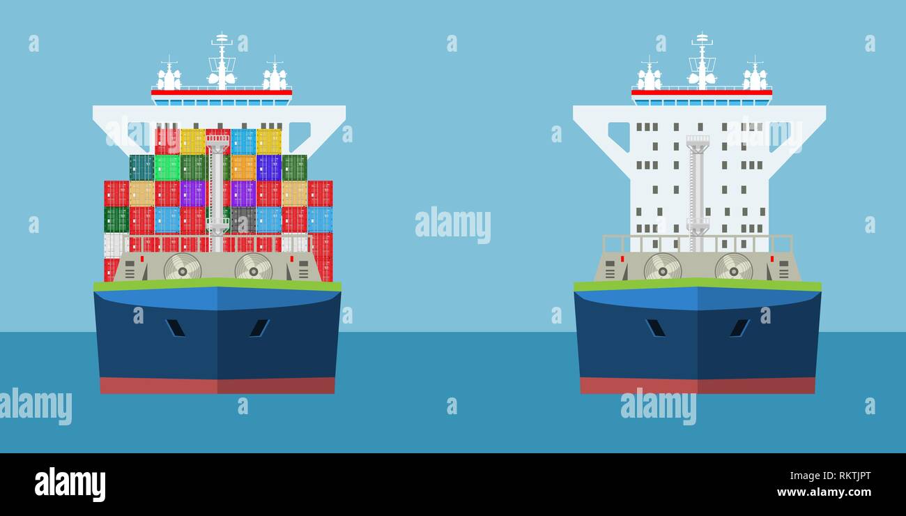 Empty and full Cargo Container ship with front view. Freight ...