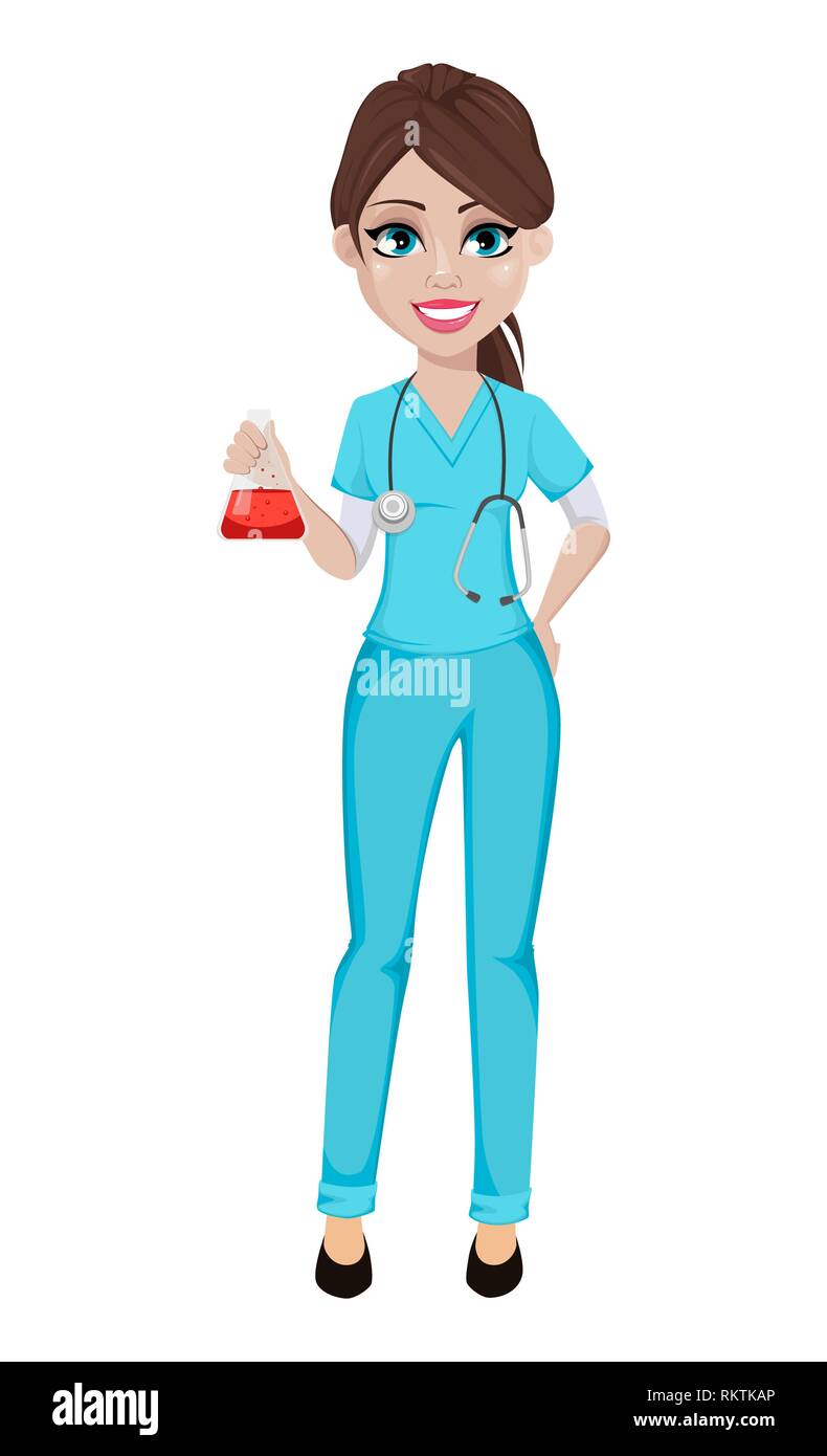 Medical doctor woman holding flask. Medicine, healthcare concept ...