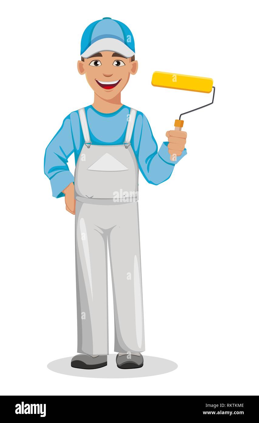 Painter man holding little paint roller. Decorator cartoon character ...