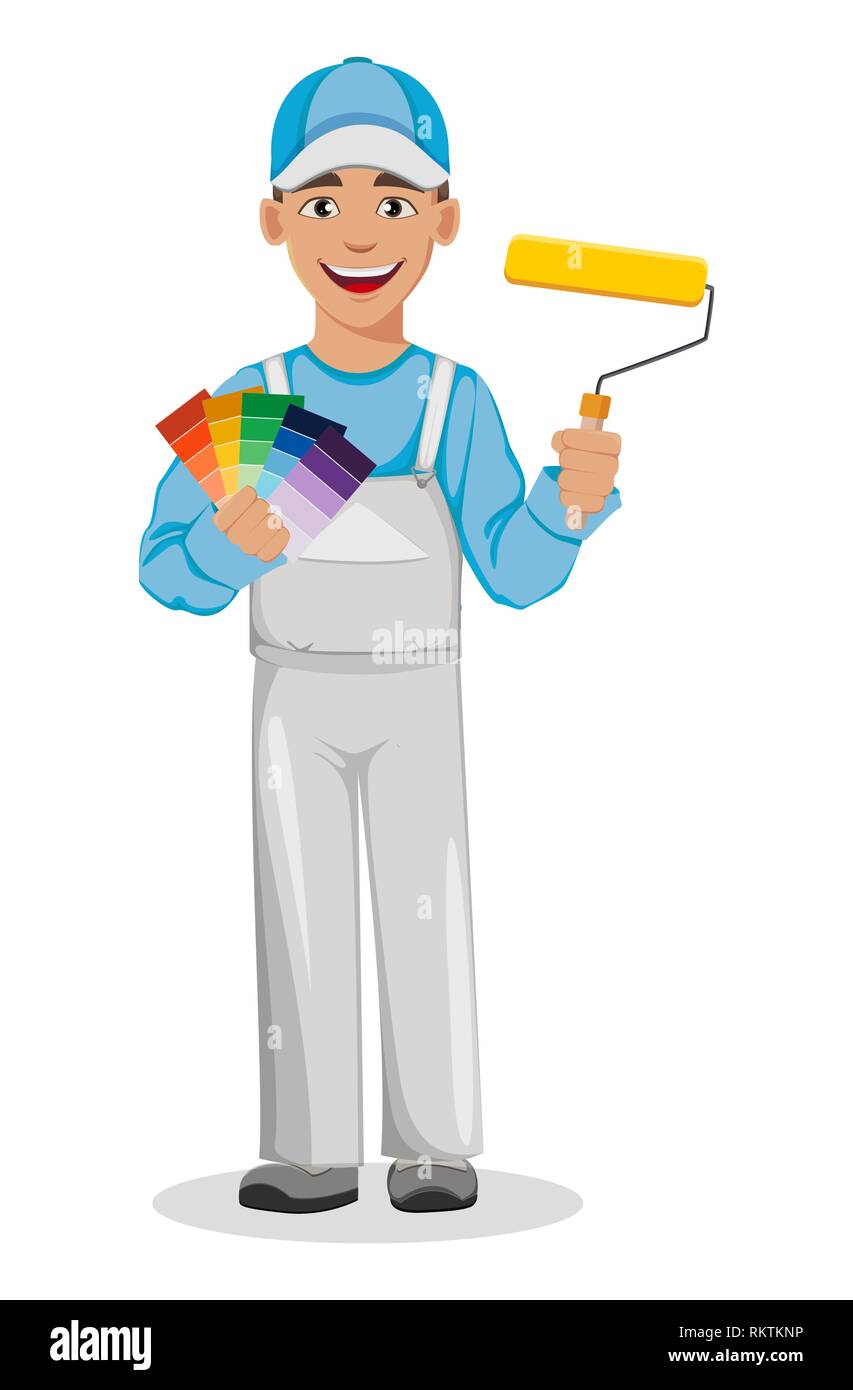 Painter man holding color palette guide. Decorator cartoon character ...