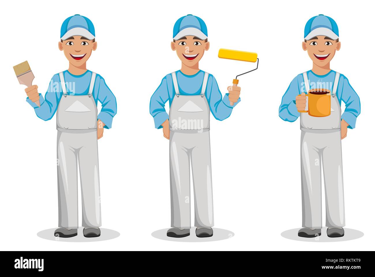 Painter man, set of three poses. Decorator cartoon character holding ...