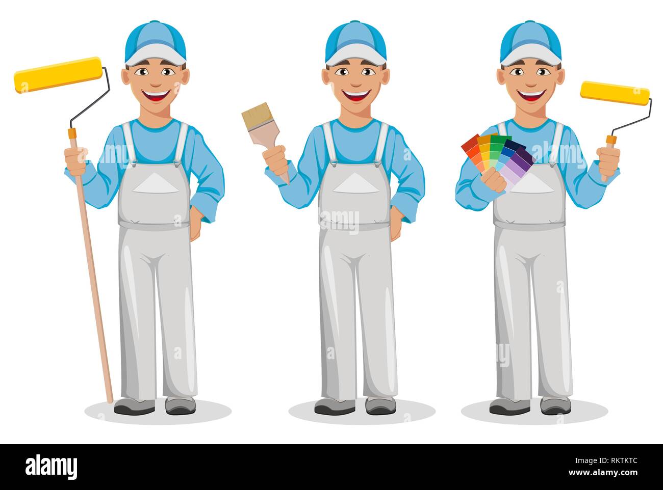 Painter man, set of three poses. Decorator cartoon character holding ...