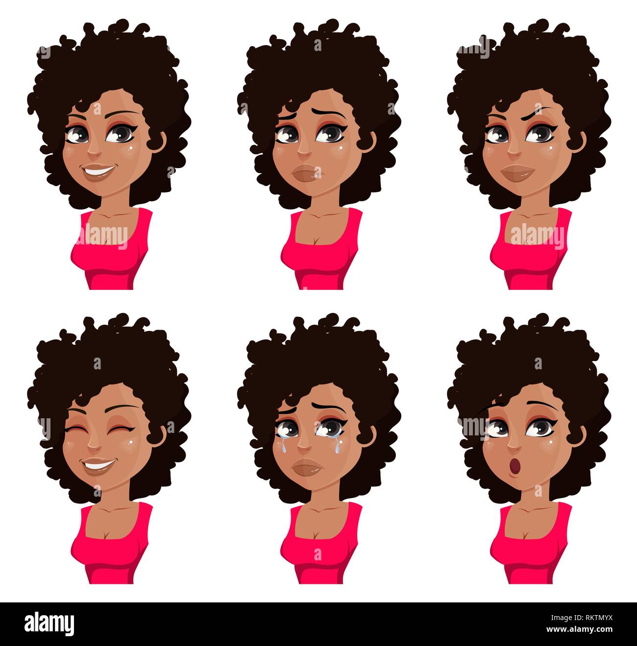 Face expressions of African American woman in red blouse. Different ...
