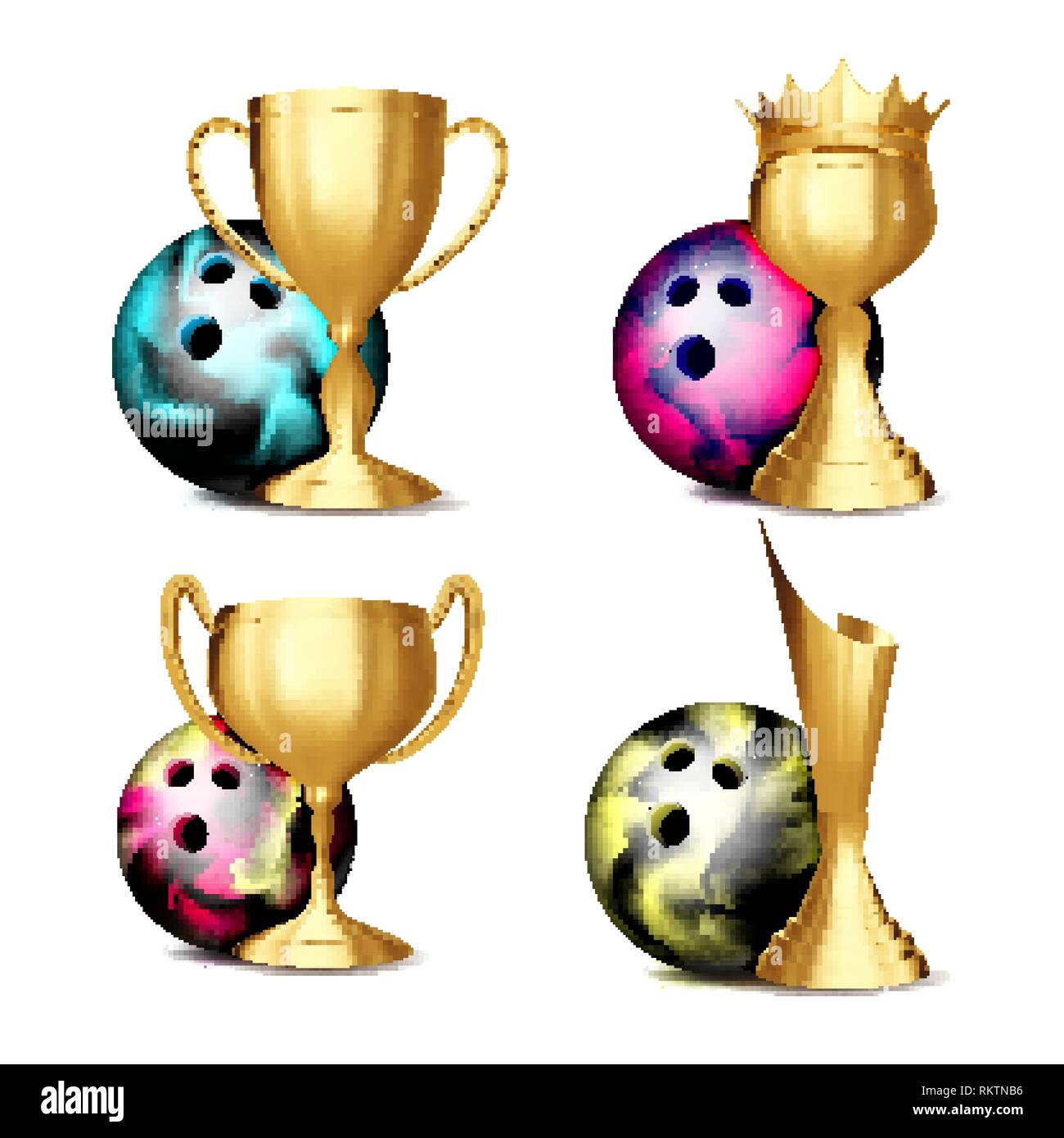 Bowling Game Award Set Vector. Bowling Ball, Golden Cup. Modern Bowling ...