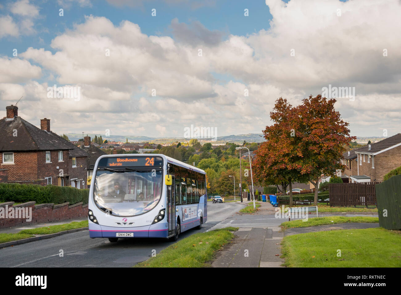 Sheffield, UK – October 20 2016 : the number 24 bus drives up Spinkhill ...