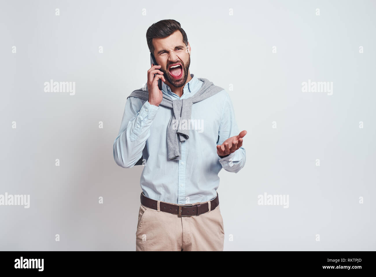 What have you done, oh no. Angry bearded man is screaming while talking ...