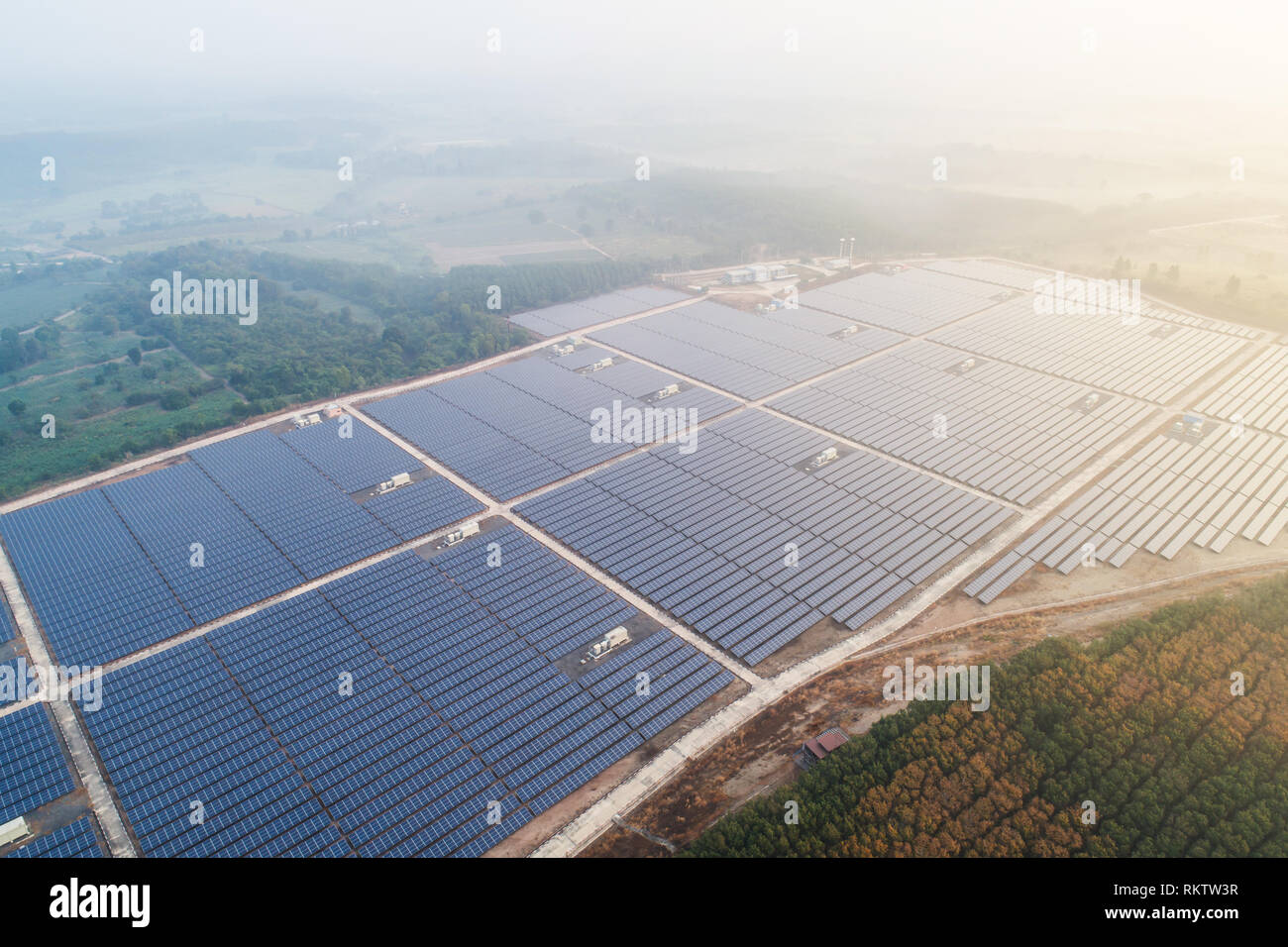 Solar energy farm. High angle view of solar panels on an energy farm ...